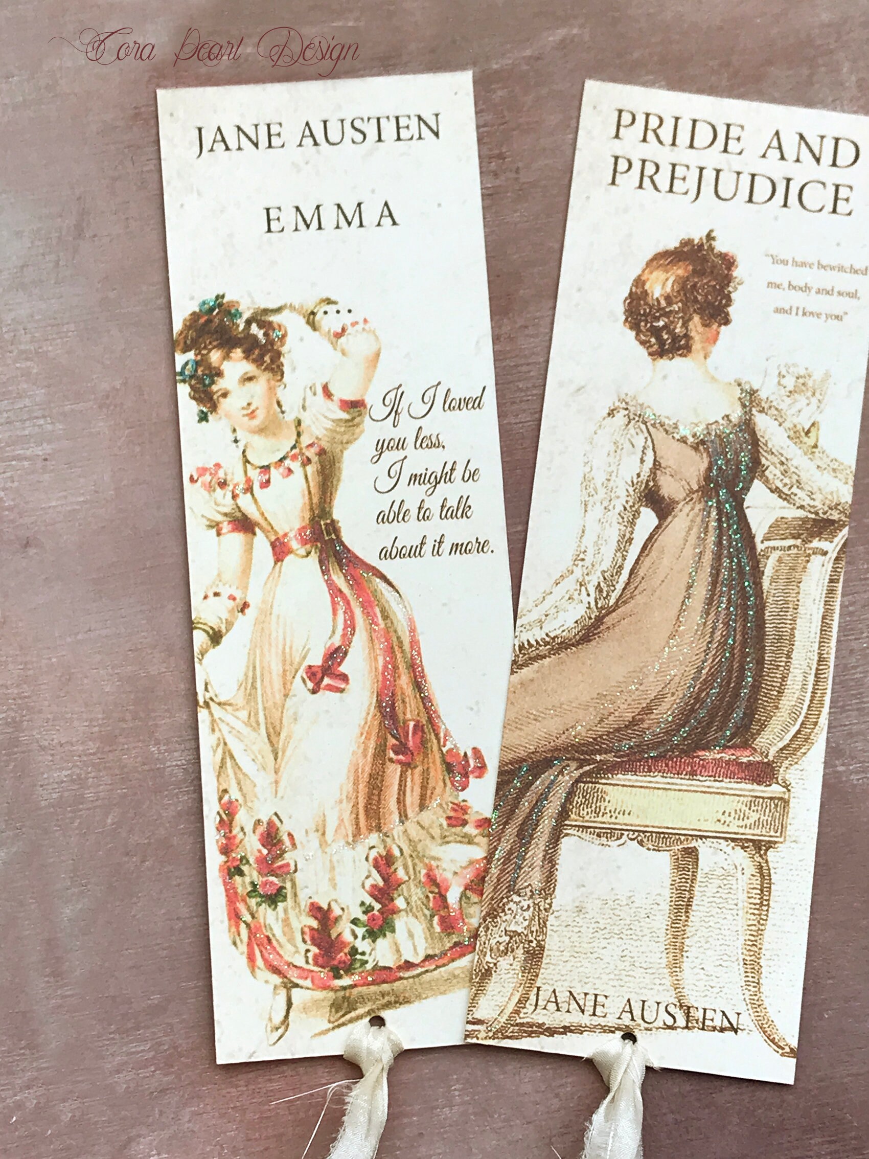 4 Jane Austen Regency Glitter Bookmarks with pure silk ribbons | Etsy
