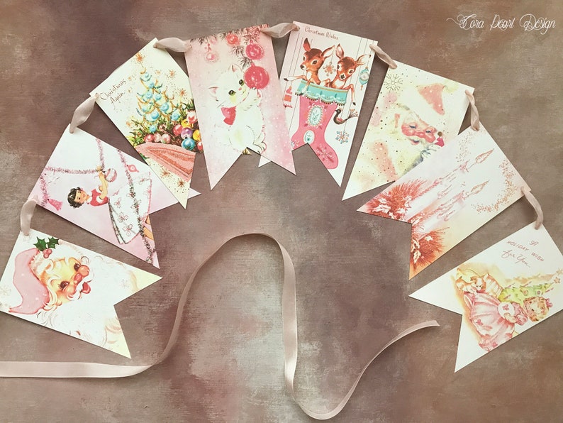 Christmas Vintage Style Pink Bunting Flag Garland Christmas - Etsy