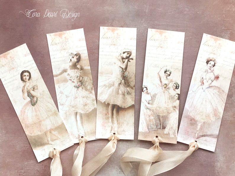 5 Glitter Vintage Ballerina Bookmarks , Shabby Chic Ballet Art ...