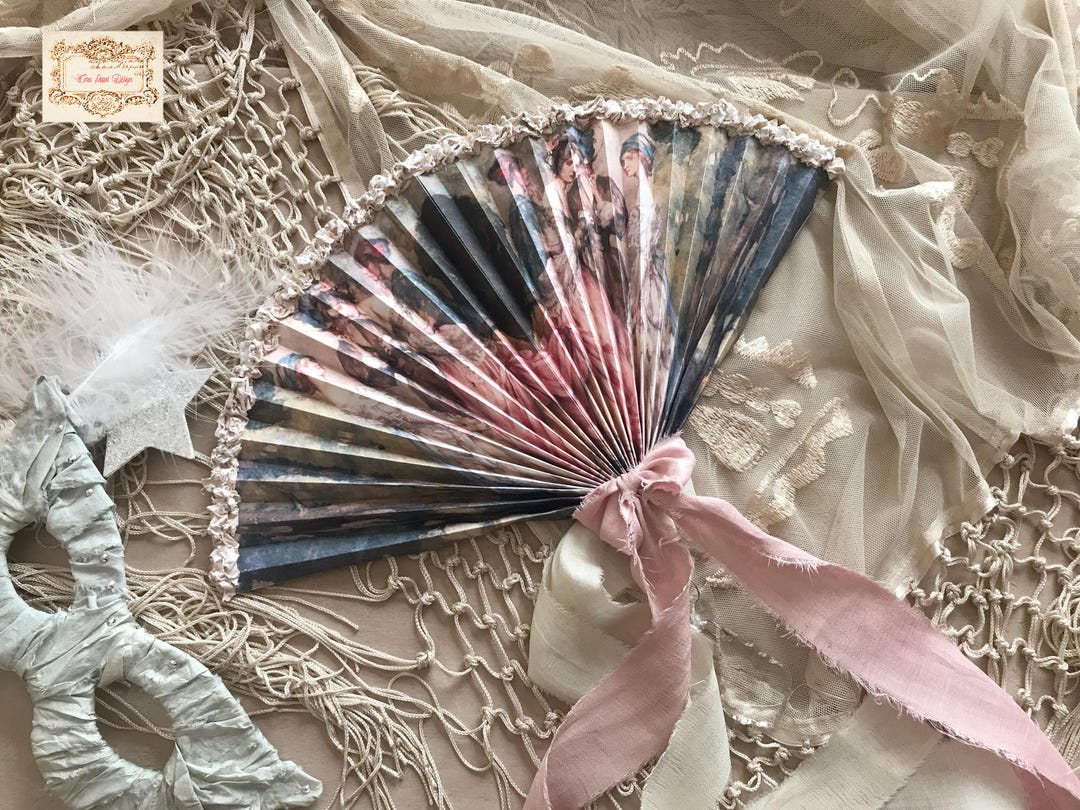 Baroque Rococo Paper Fan With Pure Silk Ribbons and Chandelier Glass ...