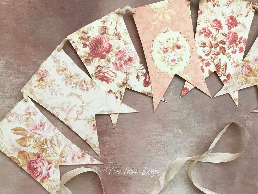 Faded Florals Shabby Chic Bunting Flag Garland , Vintage Pink Spring ...