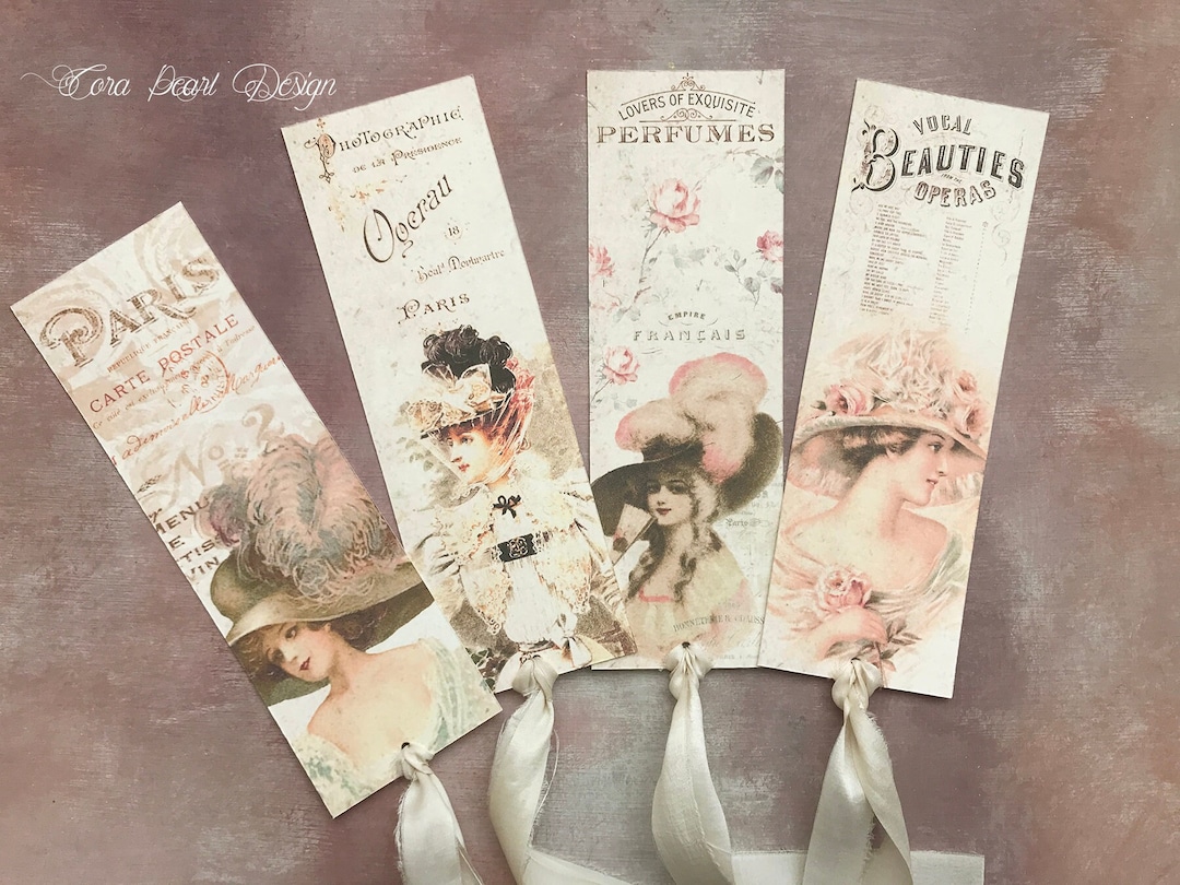 4 French Vintage Style Bookmarks With Pure Silk Ribbons , Shabby Chic ...