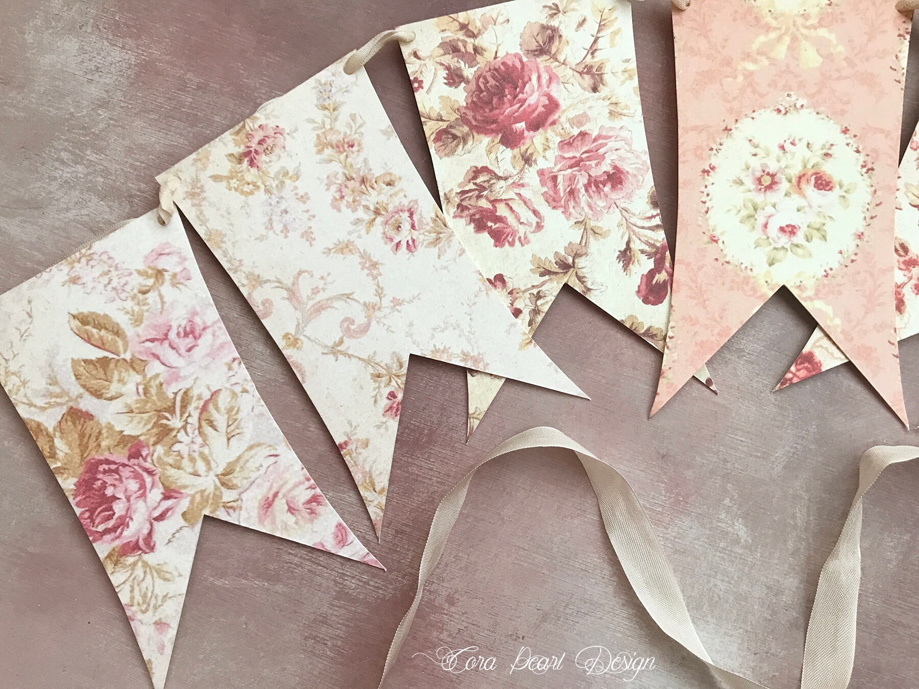 Faded Florals Shabby Chic Bunting Flag Garland , Vintage Pink Spring ...