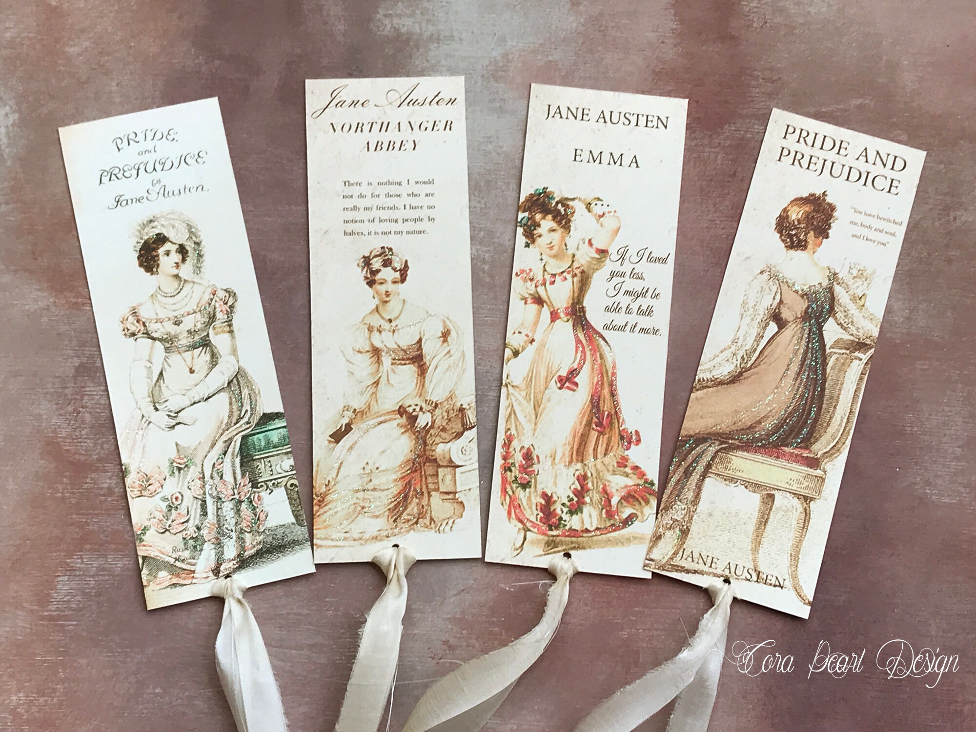 4 Jane Austen Regency Glitter Bookmarks with pure silk ribbons | Etsy