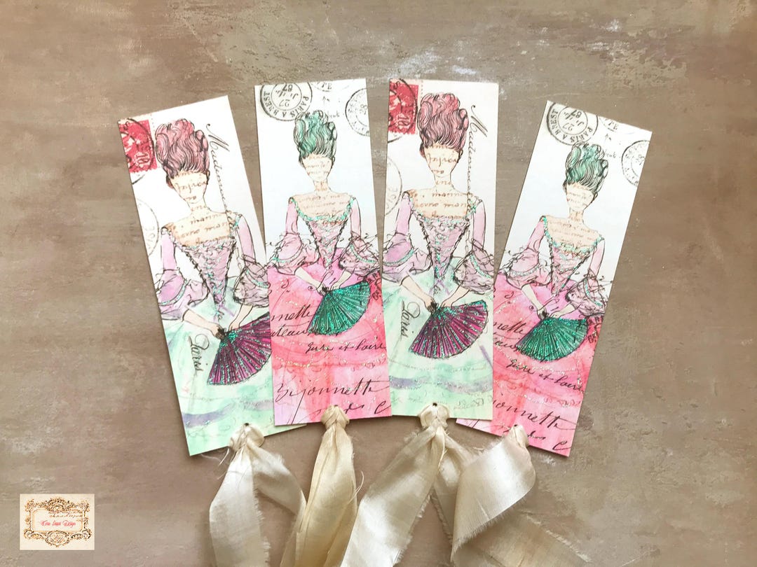 4 Marie Antoinette Inspired Watercolor Painting Glitter Bookmarks With ...