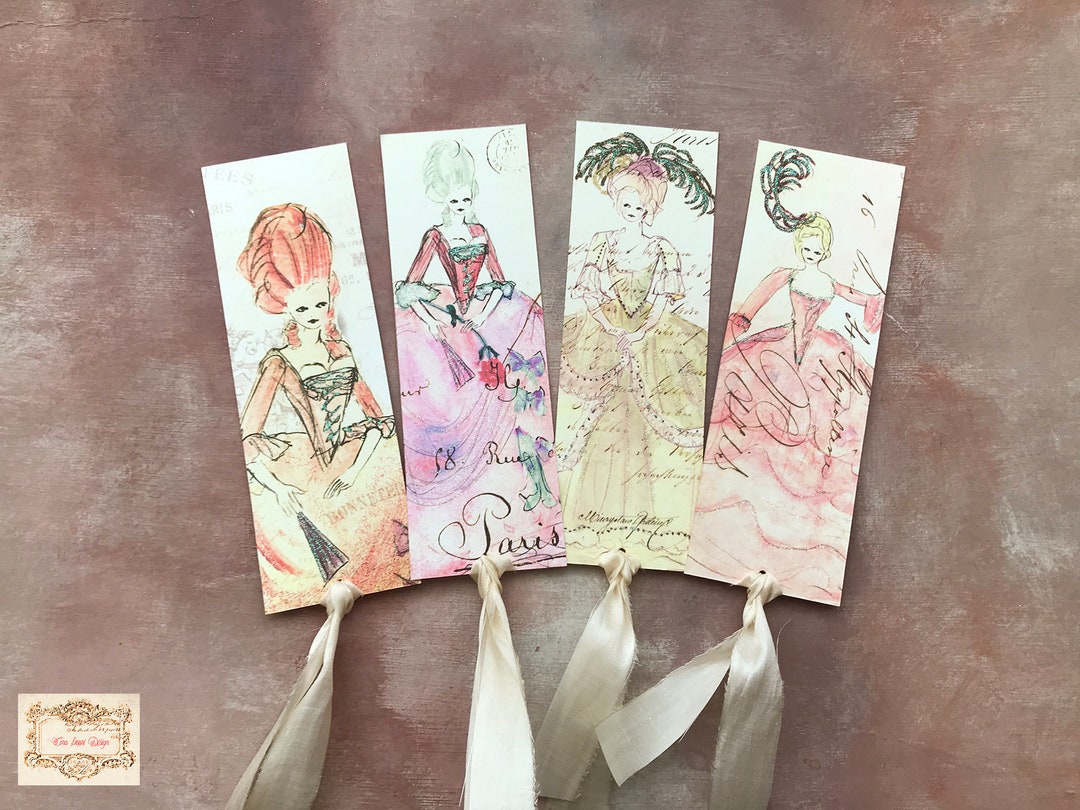 4 Marie Antoinette Inspired Watercolor Painting Glitter Bookmarks With ...