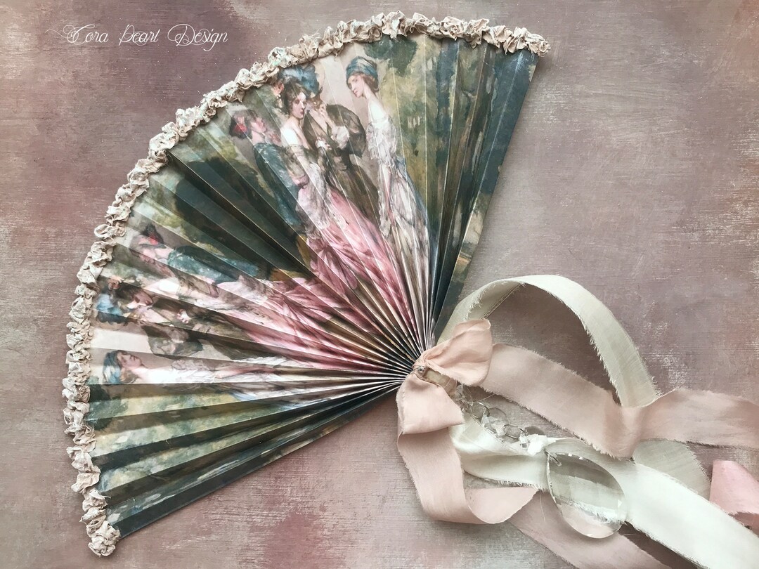 Baroque Rococo Paper Fan With Pure Silk Ribbons , Wall Decor, Wedding ...