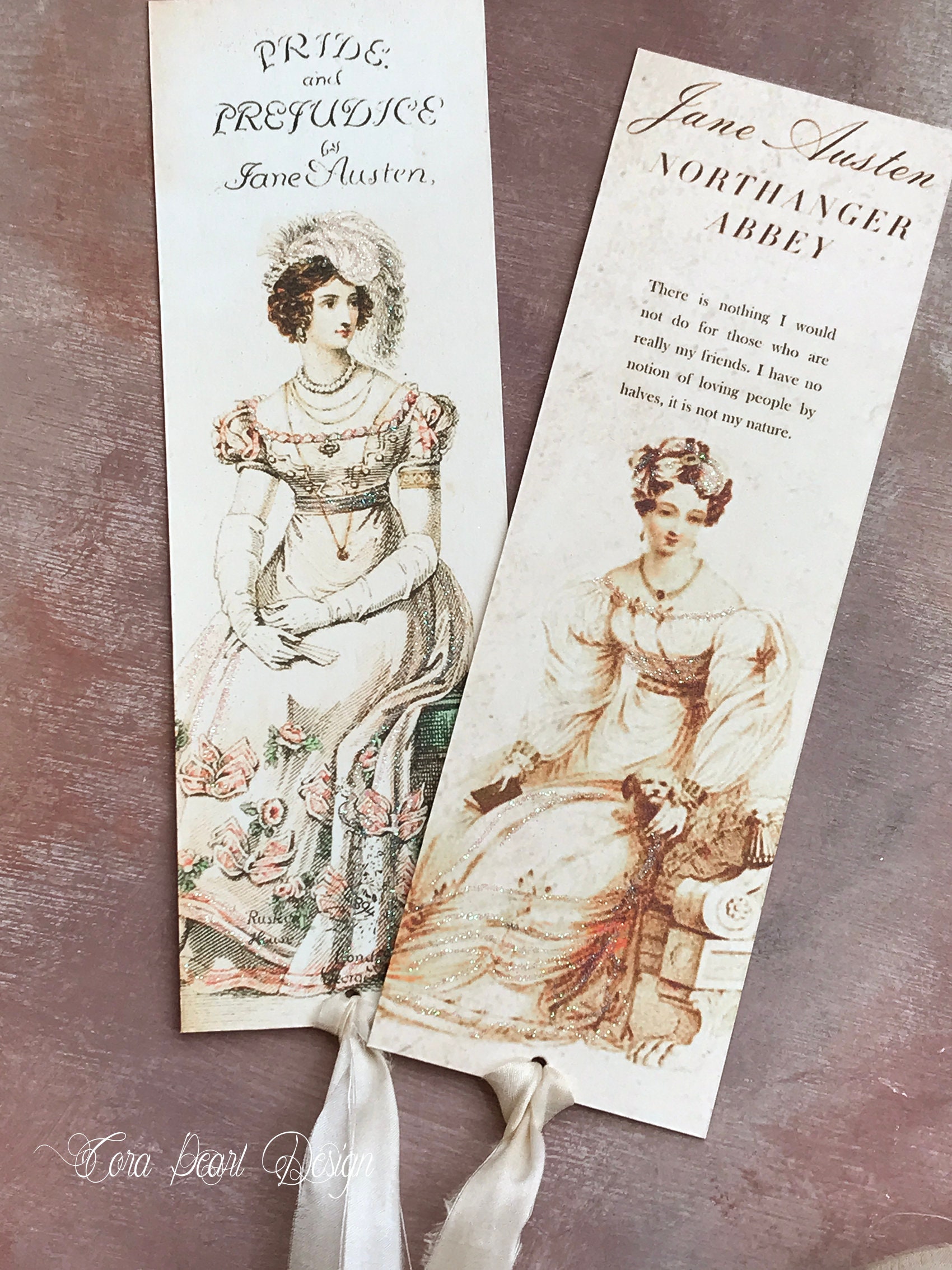 4 Jane Austen Regency Glitter Bookmarks with pure silk ribbons | Etsy