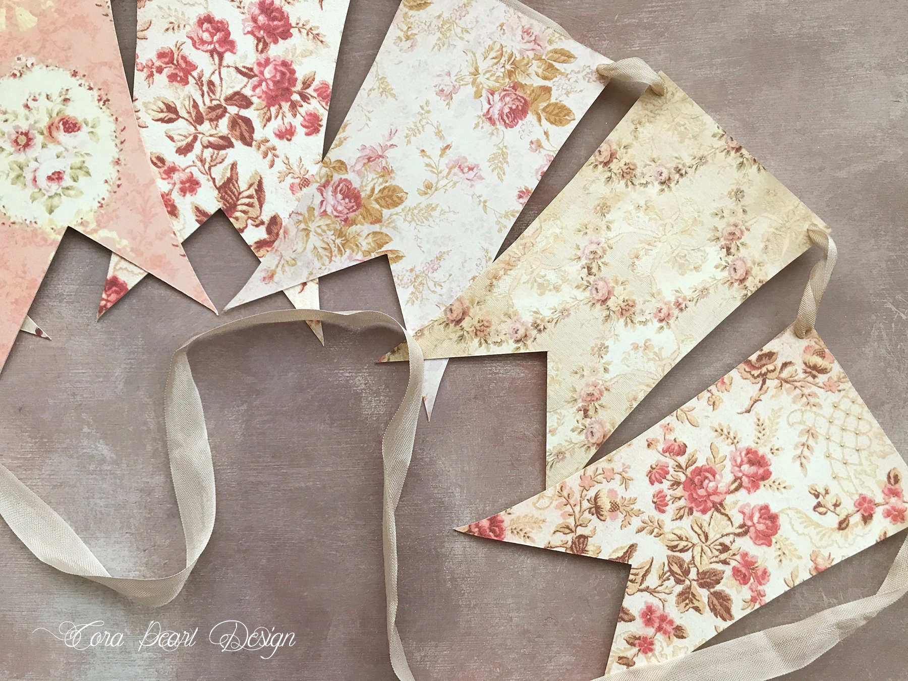 Faded Florals Shabby Chic Bunting Flag Garland , Vintage Pink Spring ...