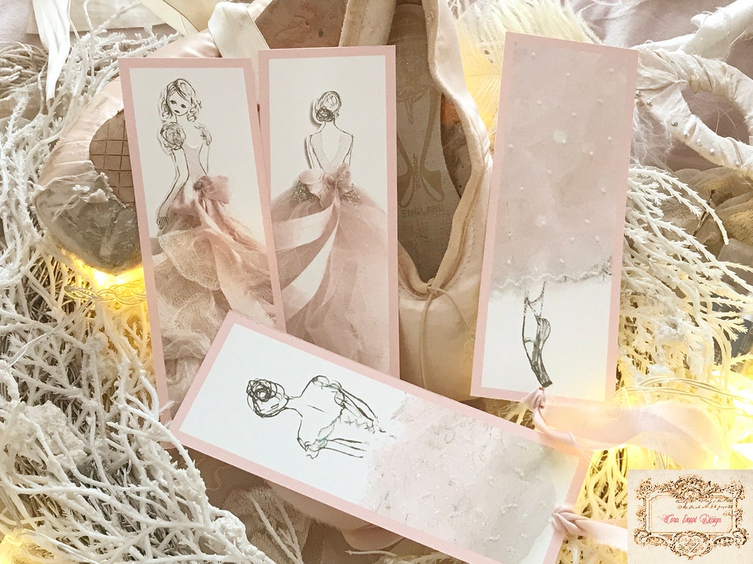 4 Glitter Ballerina Bookmarks With Pure Silk Pink Ribbons, Ballet Lover ...
