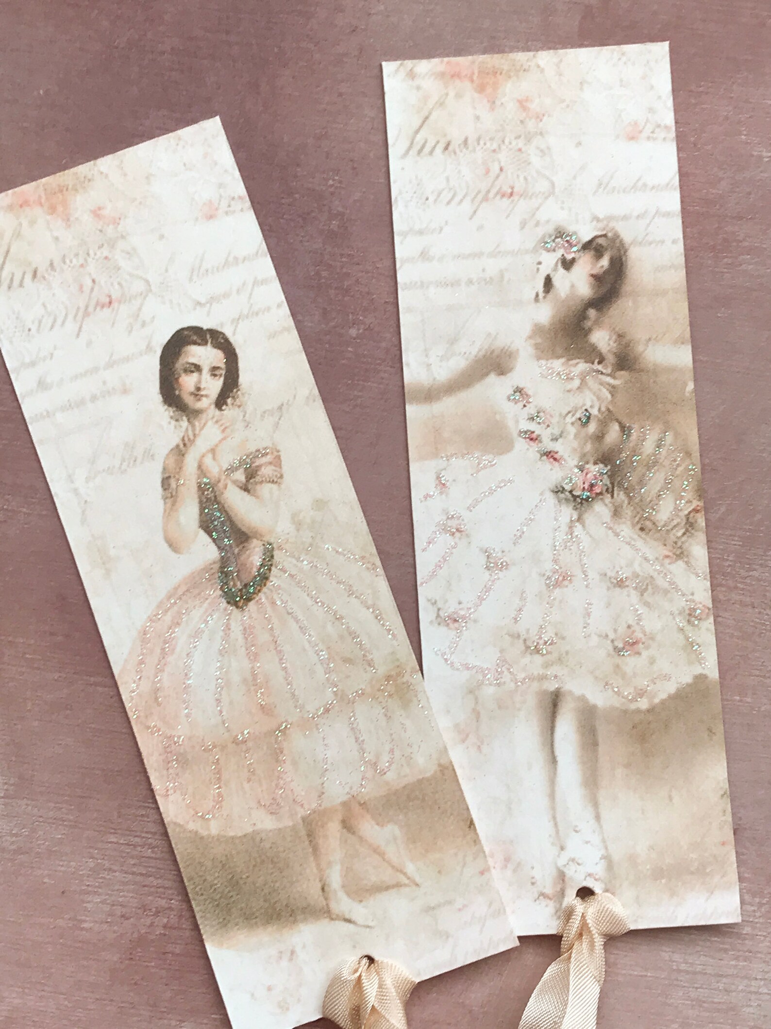 5 Glitter Vintage Ballerina Bookmarks , Shabby Chic Ballet Art ...