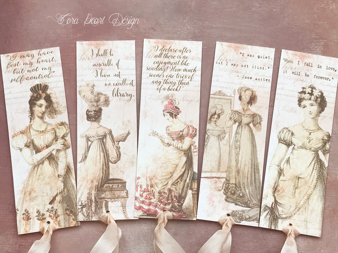 5 Jane Austen Regency Bookmarks With Vintage Seam Binding Ribbons ...