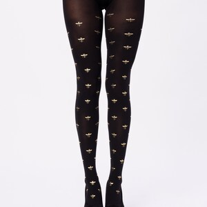 Bee Tights With Gold Print, Bumblebee Pattern on Black Opaque Pantyhose ...