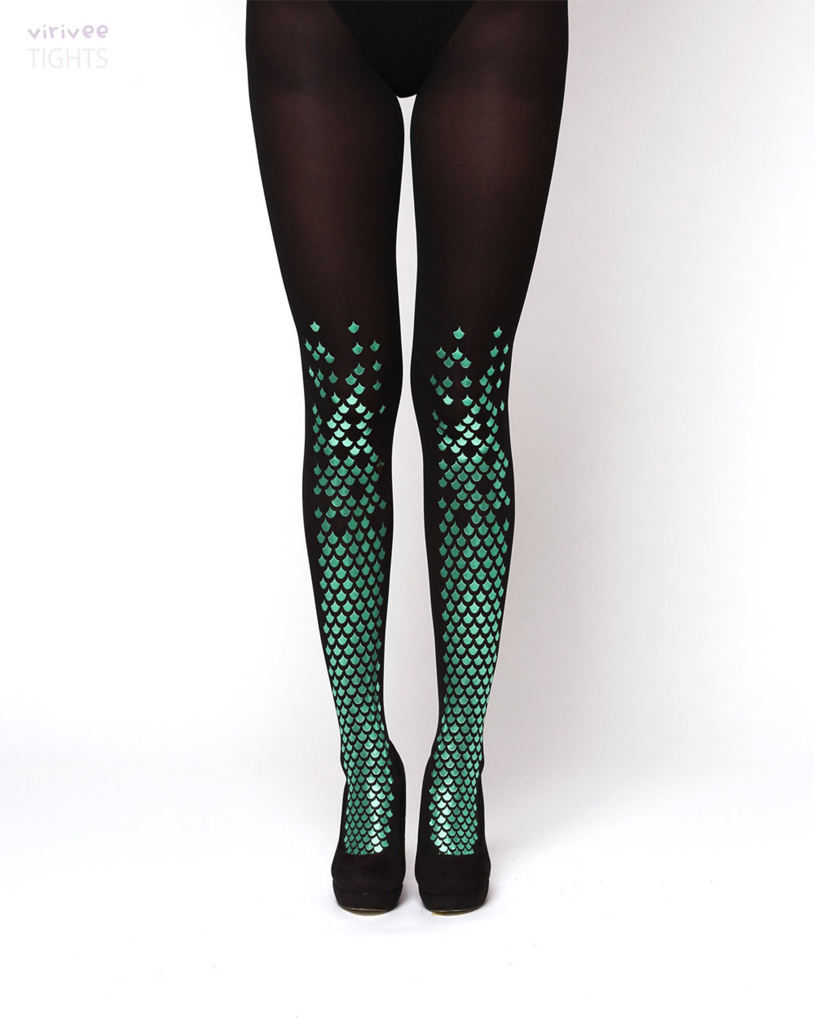 Goth Mermaid Tights OR Thigh Highs With Pearlescent Green Fish - Etsy