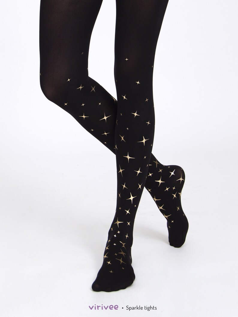 Plus Size Sparkling Star Tights With GLOSSY Gold Print Black - Etsy