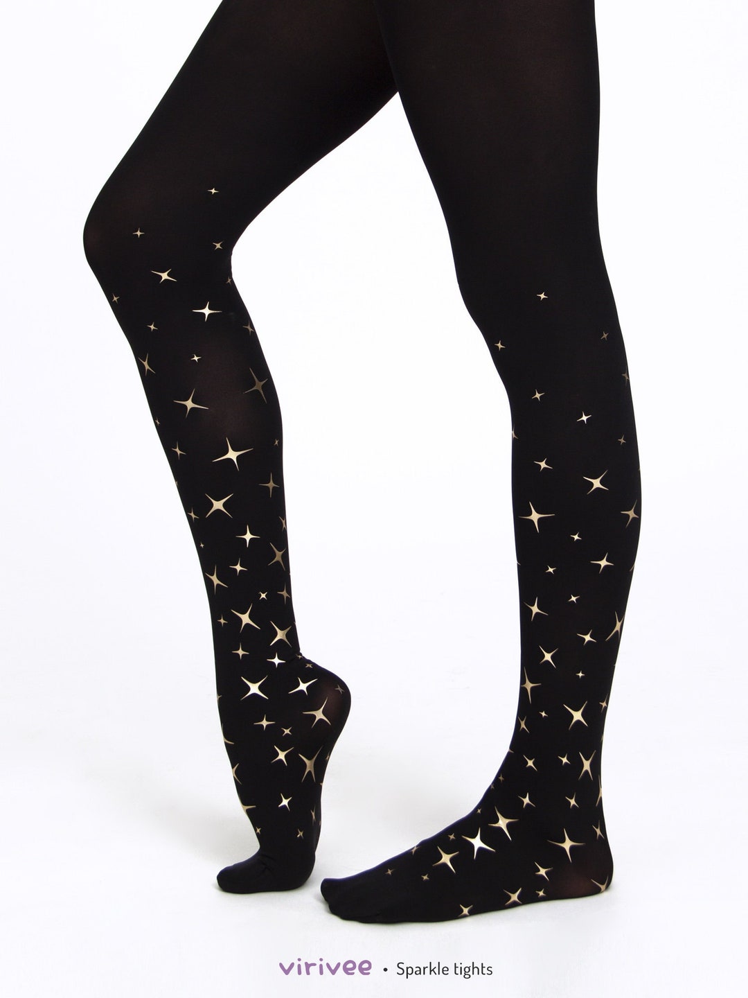 Plus Size Sparkling Star Tights With GLOSSY Gold Print, Black Opaque ...