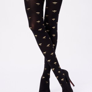 Bee Tights With Gold Print, Bumblebee Pattern on Black Opaque Pantyhose ...