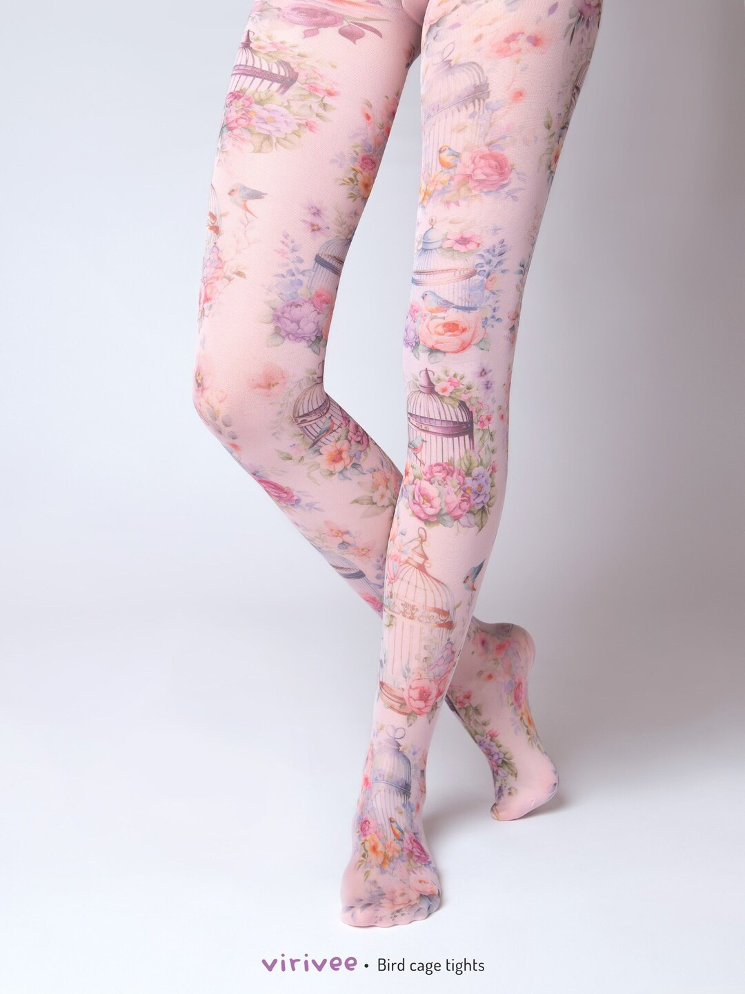 Pink Bird Cage Pastel Lolita Tights With Flowers, Nature Lover Girl ...