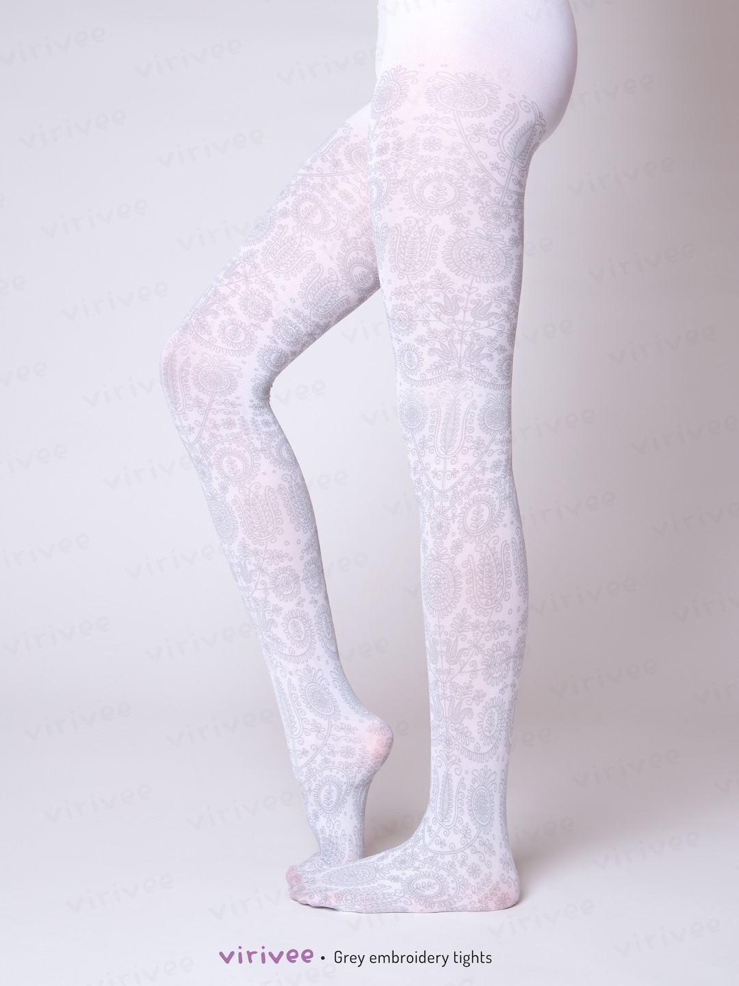 Light Grey Floral Printed Embroidery Patterned Tights, White Plus Size ...