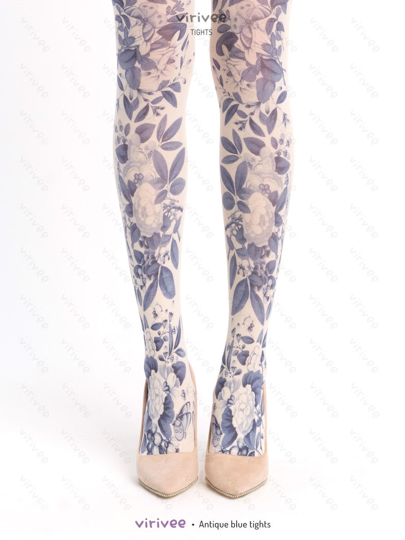 Blue Floral Tights, Nature Lover Girl Clothing, Flower Printed Semi-opaque Pantyhose, Sweet ...