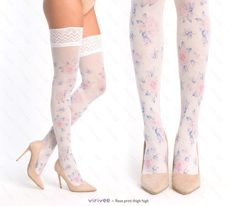 Pink Rose Printed Floral Thigh High, Accessory for Brides Bridesmaids ...