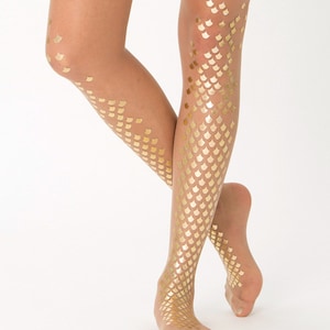 Mermaid Tights, Glossy Gold Fish Scale Pattern, Tattoo Tights Gift for ...