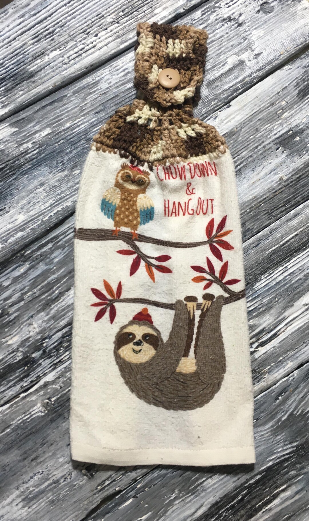 Owl and Sloth Button Crochet Top Hanging Kitchen LIGHTWEIGHT Towel Calm ...