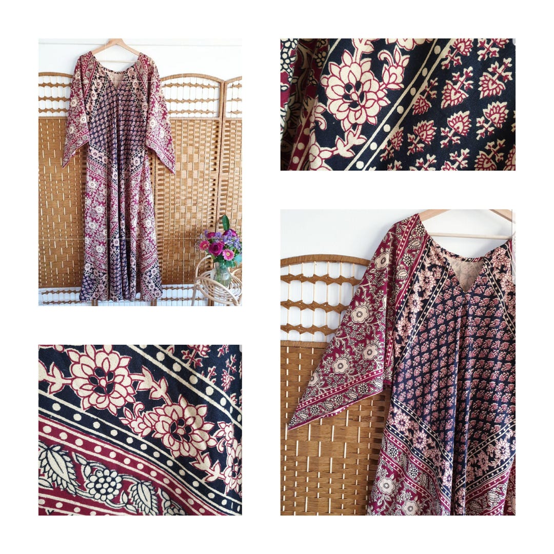 Vintage Pakistan Cotton Kaftan Maxi Dress Festival Folk Boho Hippy ...