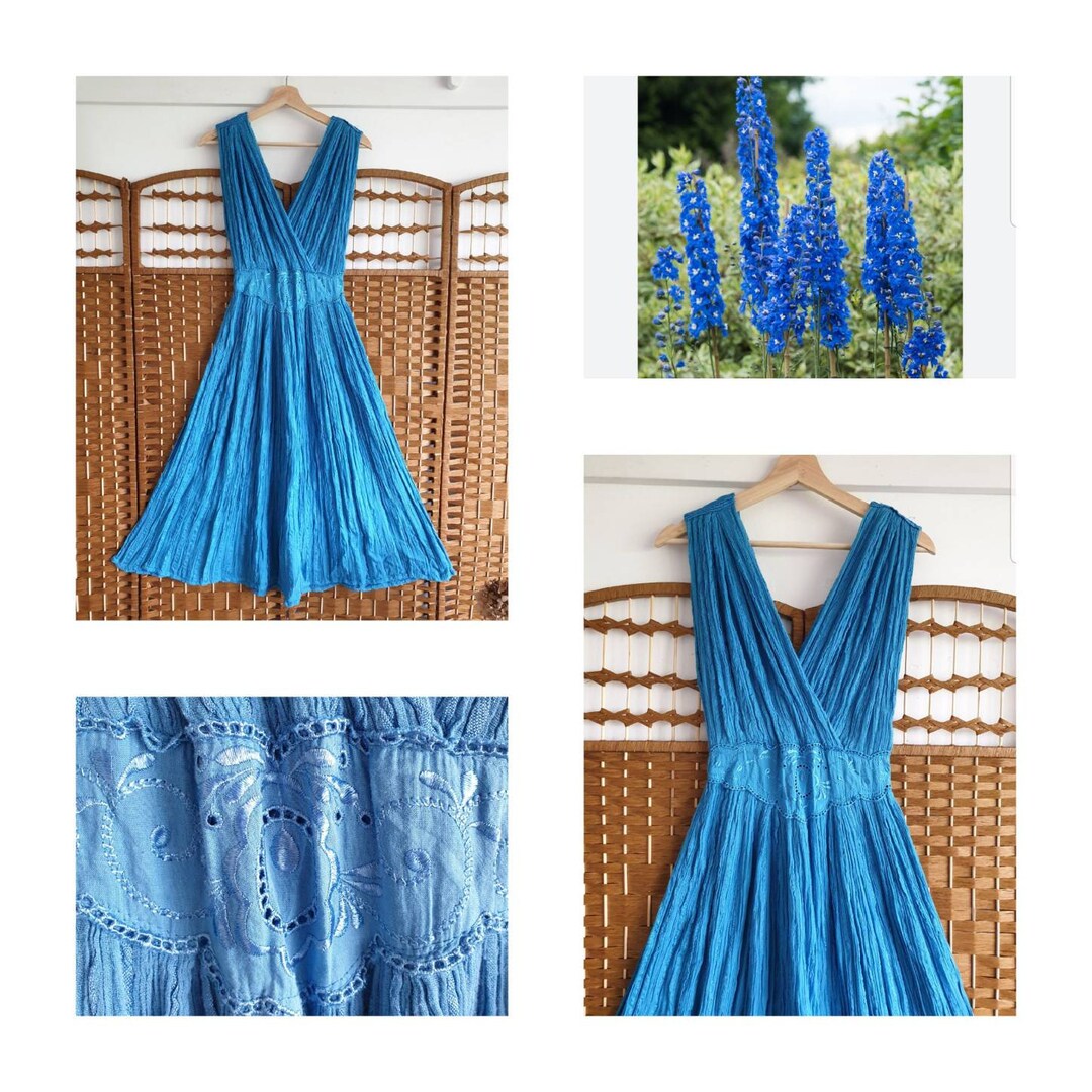 BLUE Vintage Greek Gauze Dress Gypsy Festival Dress Boho Hippy Crinkle ...