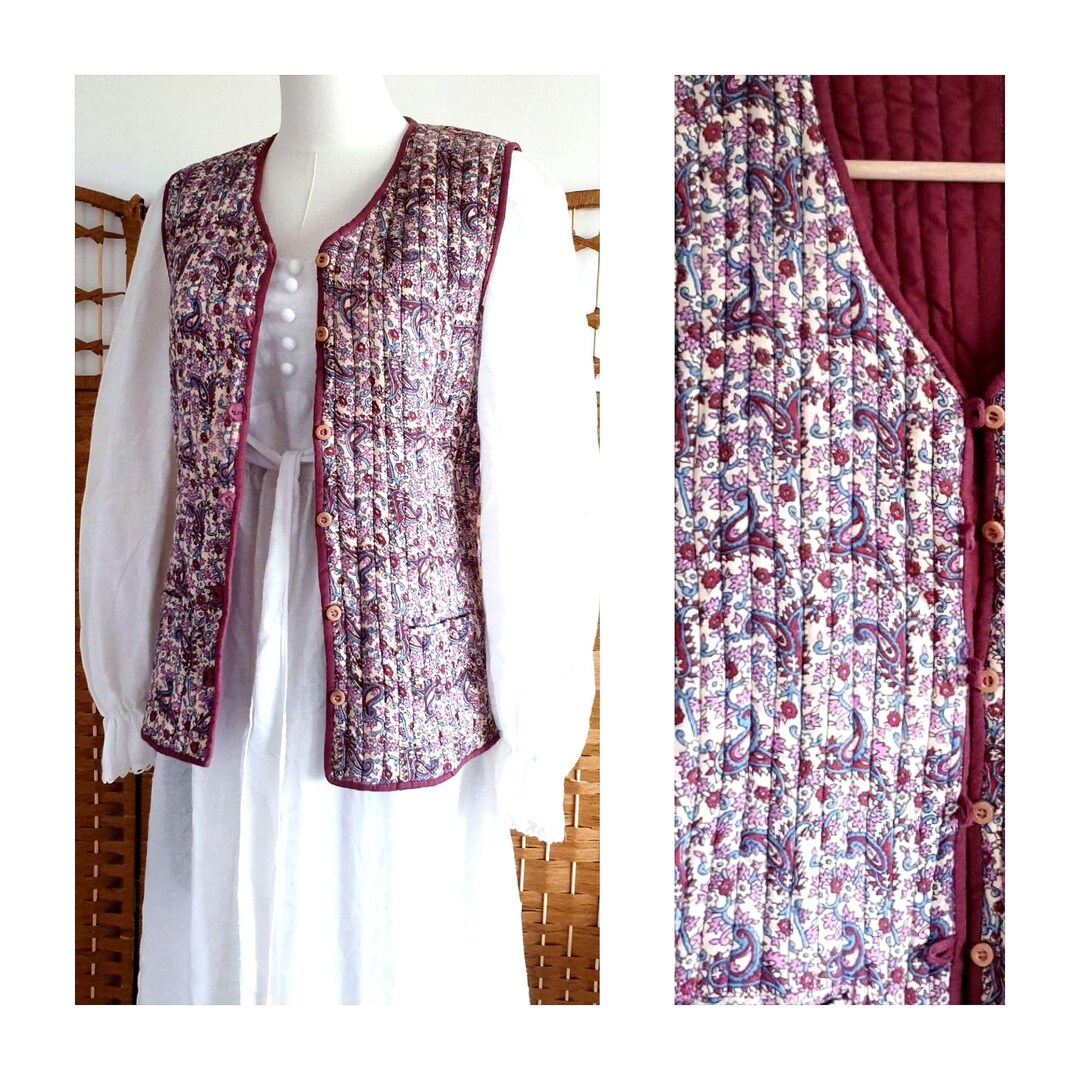 Vintage 1970s Quilted Vest Waistcoat ~ Hand Block Print Cotton Padded ...