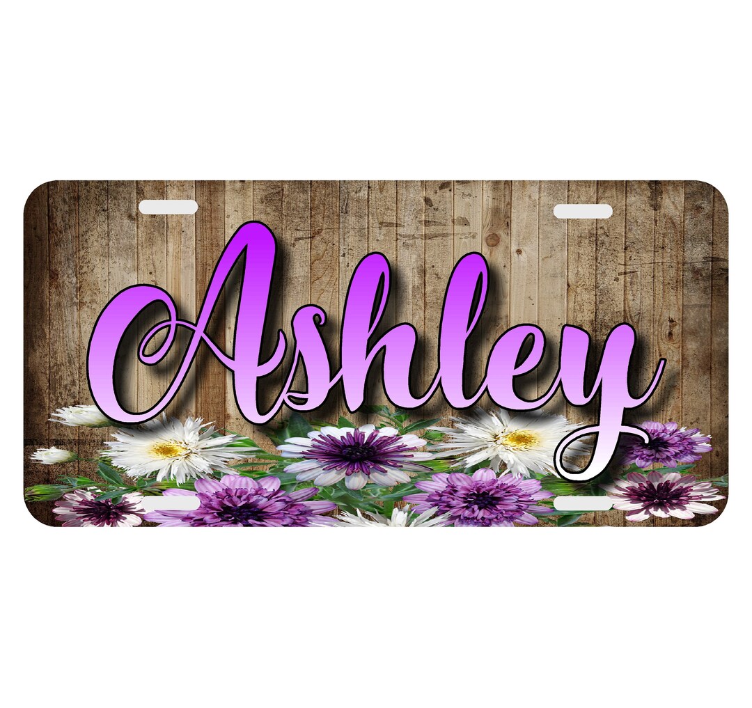 Personalized License Plate Purple Floral Faux Wood Background Custom ...