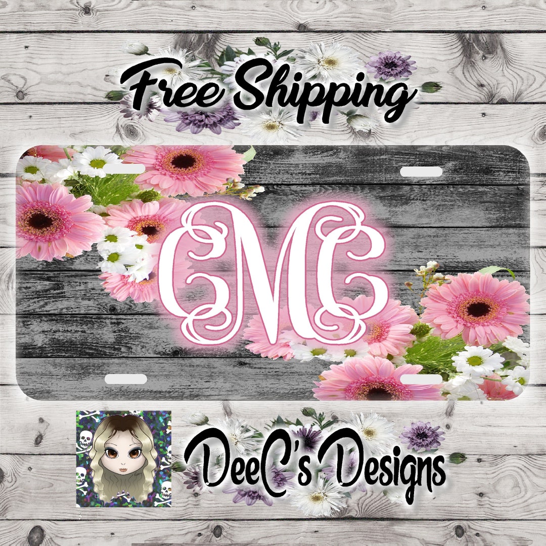 Monogrammed License Plate: Pink Floral Faux Wood Car Tag - Etsy