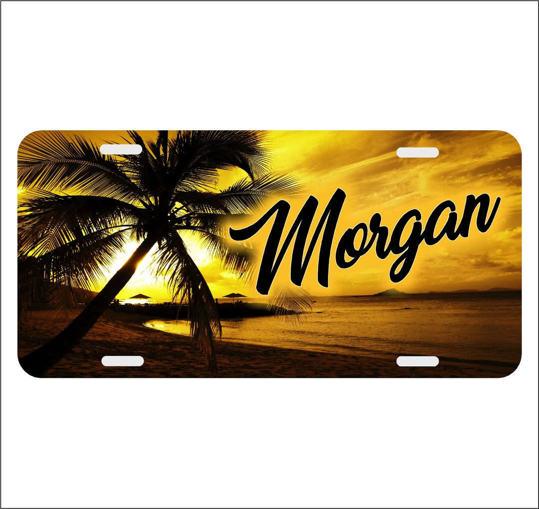 Golden Sunset Beach Palm Trees License Plate Auto Car Tag Personalized ...