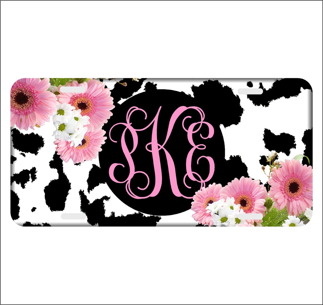 Cow Print Pink Flowers Personalized License Plate Monogrammed Custom ...
