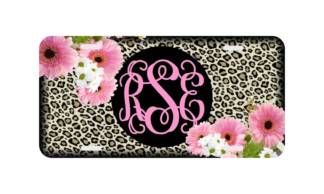 Leopard Cheetah Print Pink Flowers Personalized License Plate ...