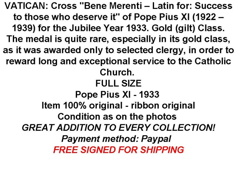 Vatican Bene Merenti Jubilee Gold Cross 1933 Faithful Service Pope Pius XI Clergy Medal Papal ...