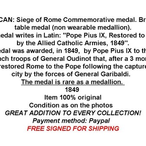 Vatican Siege Rome Battle Commemorative Medallion 1849 Pope Pius IX ...