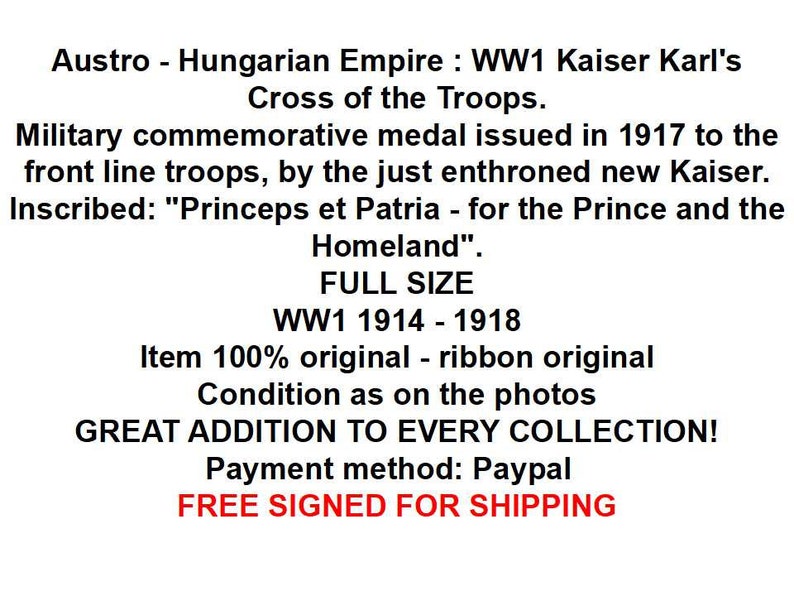 Austria Hungary WW1 Kaiser Karl Cross of Troops Medal 1914 1918 ...