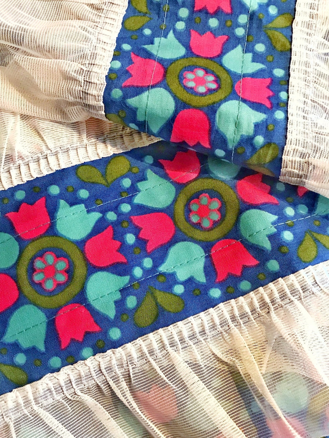 Scandinavian Vintage Window Valance, Floral Retro Fabric With Blue Pink ...