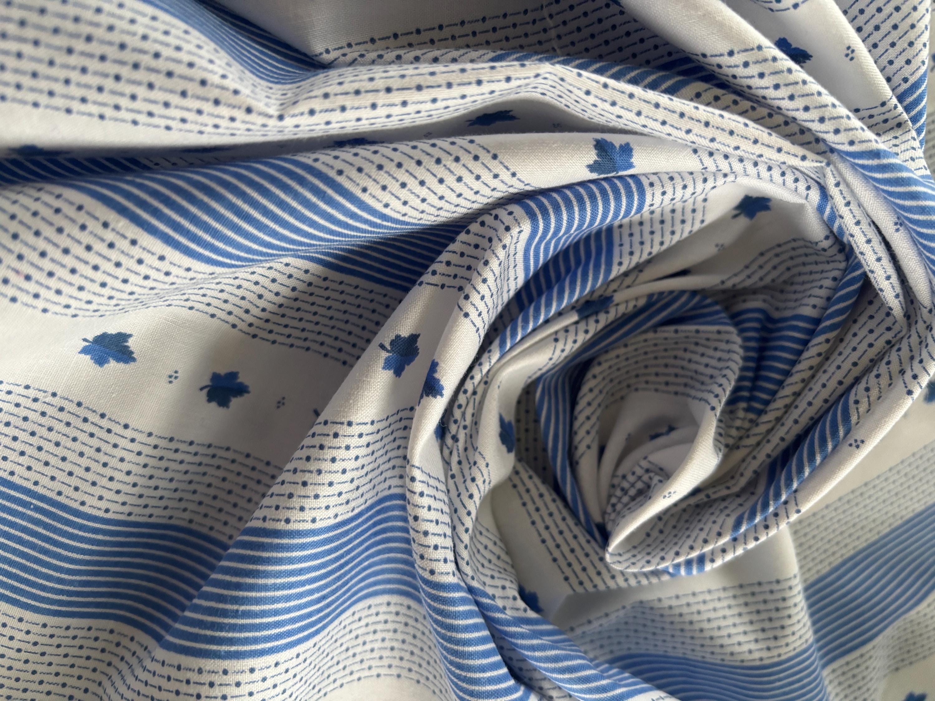 Vintage Swedish Cotton Fabric: 80s Blue, White Stripe, Leaf Print - Etsy
