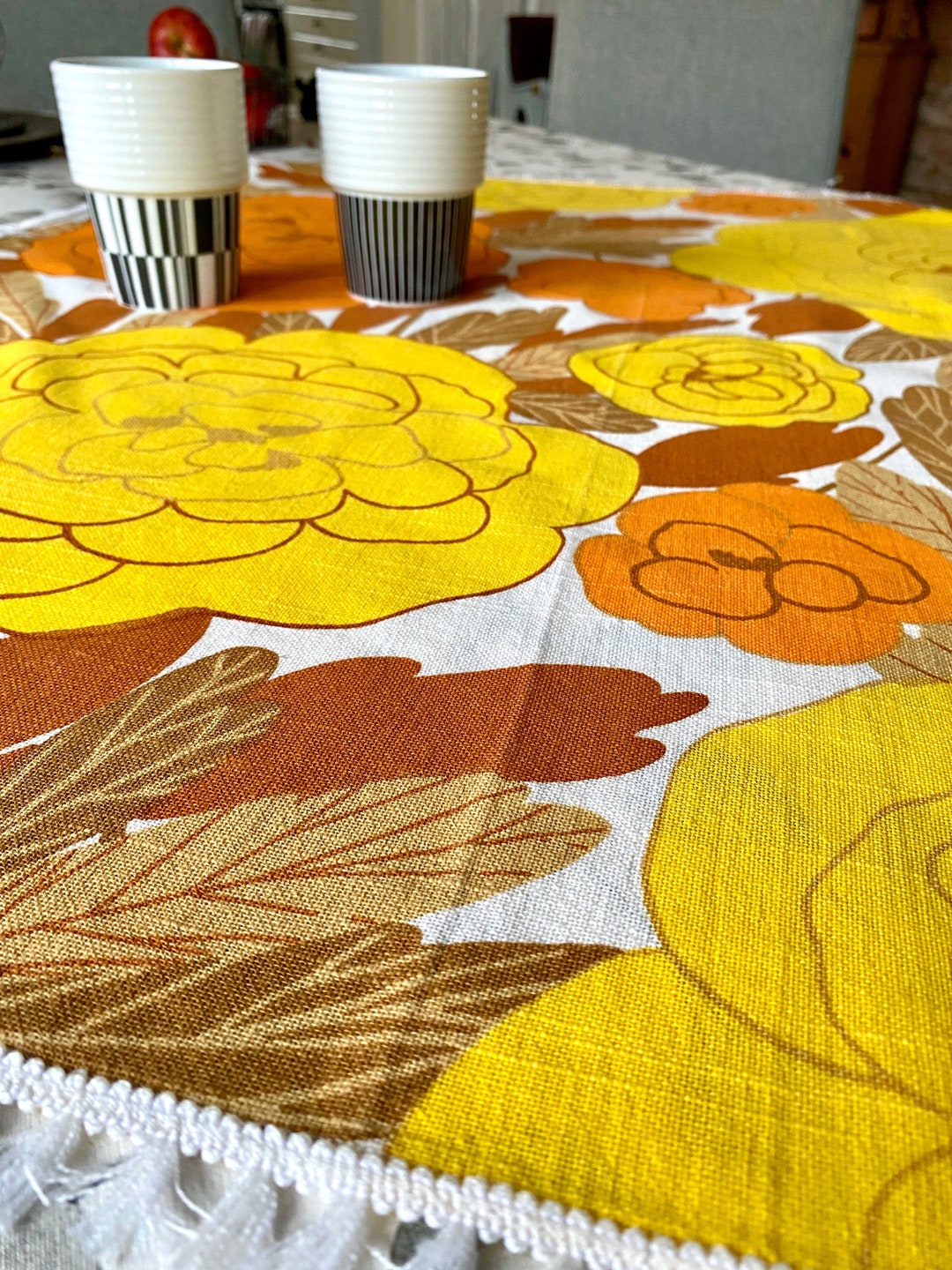 Vintage 70s Retro Floral Tablecloth Ritva Wahlström Yellow Orange ...