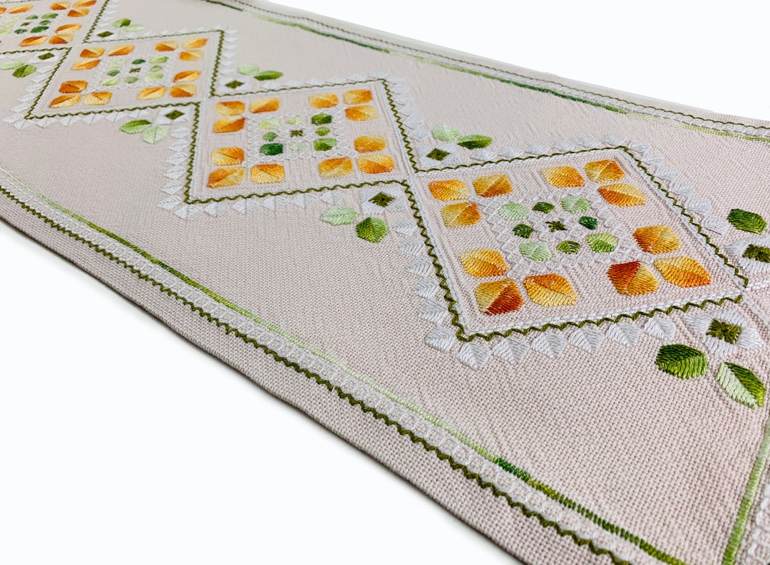 Hand Embroidered Table Runner W Geometric Abstract Pattern in - Etsy