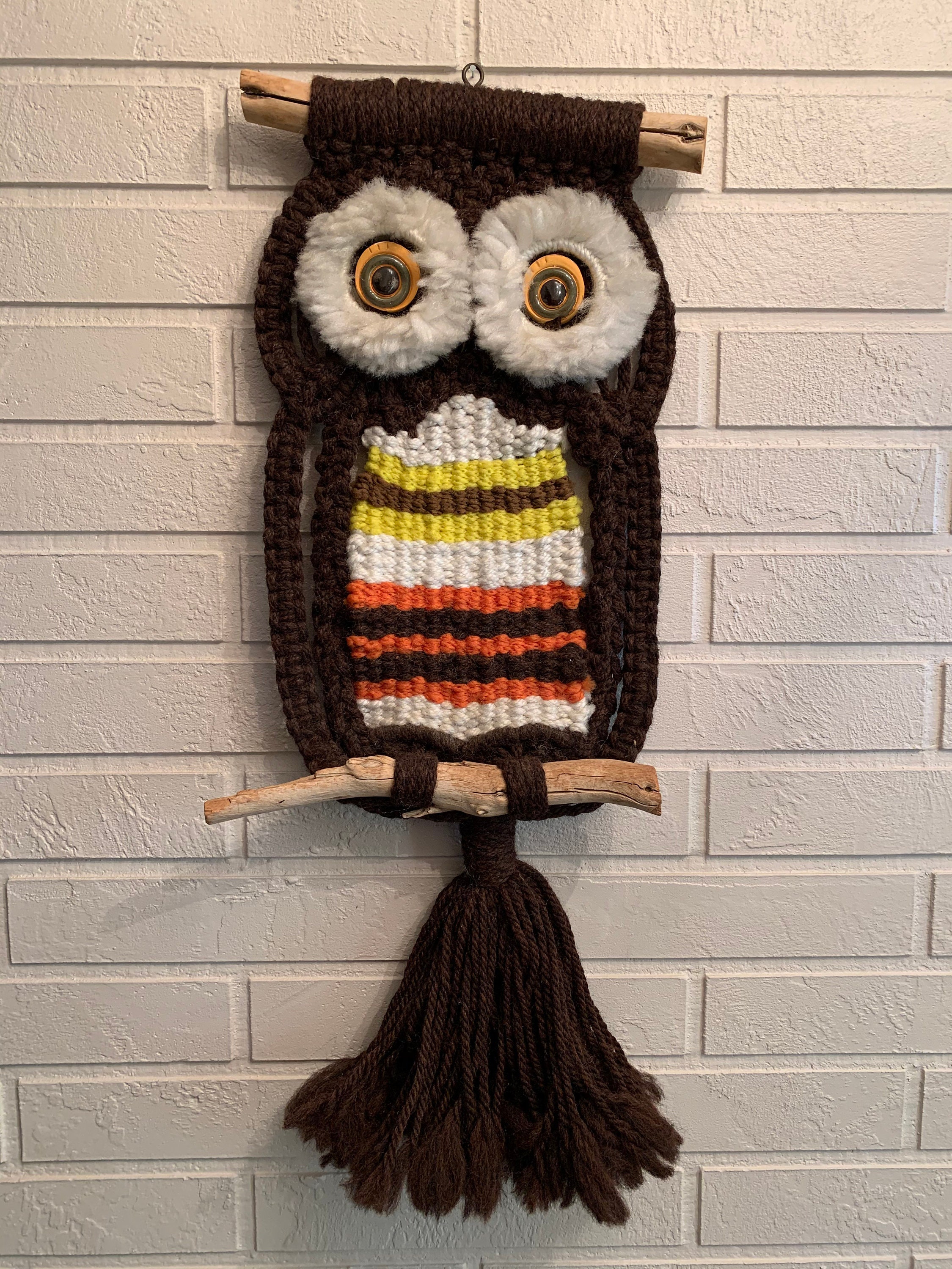 Vintage Handmade 70s Macrame Owl Wall Hanging in Brown with | Etsy
