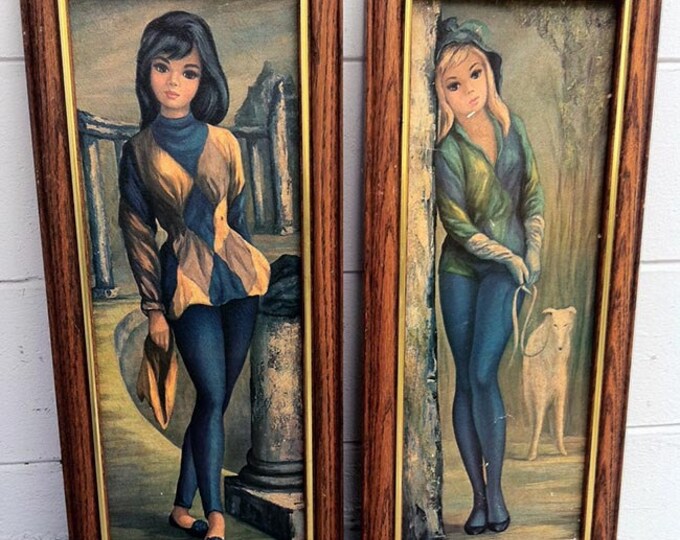 Pair of 1970s Vintage MAIO Harlequin Big Eye Girl Prints - Framed and ...