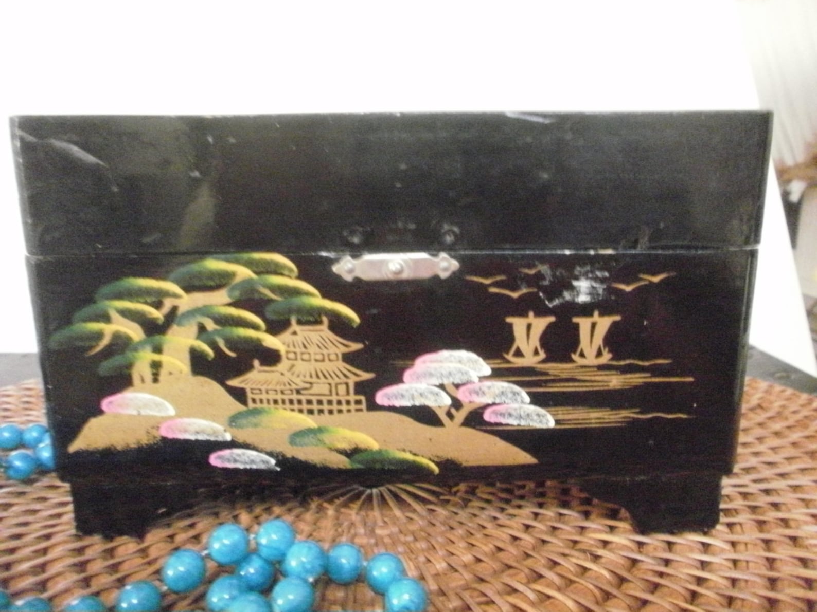 Made in Japan Jewelry Box Souvenir 1950s Wood Hand Painted Red Velvet ...