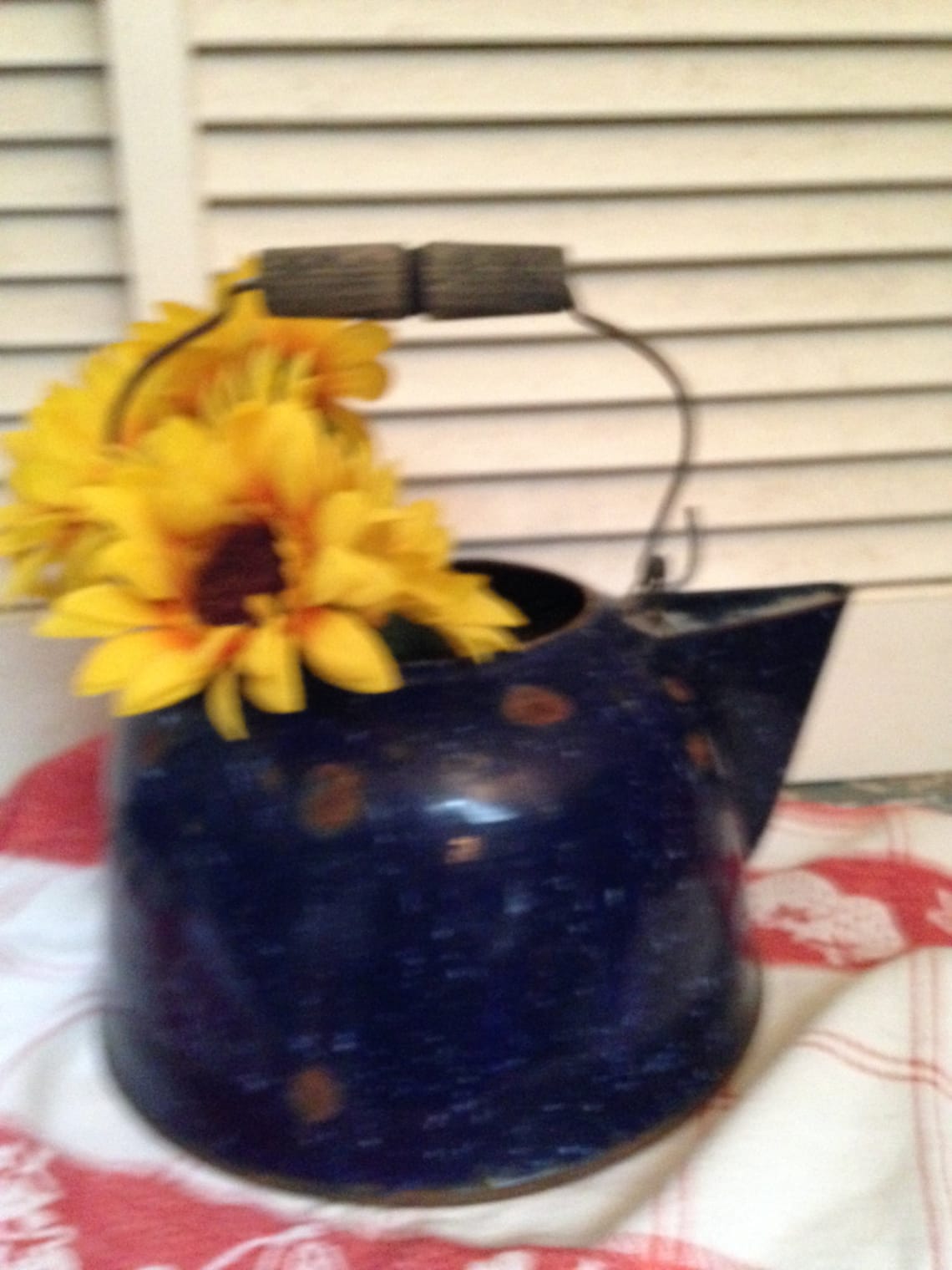 Dark Blue Enamel Kettle With Wood Handle Rusty Primitive - Etsy