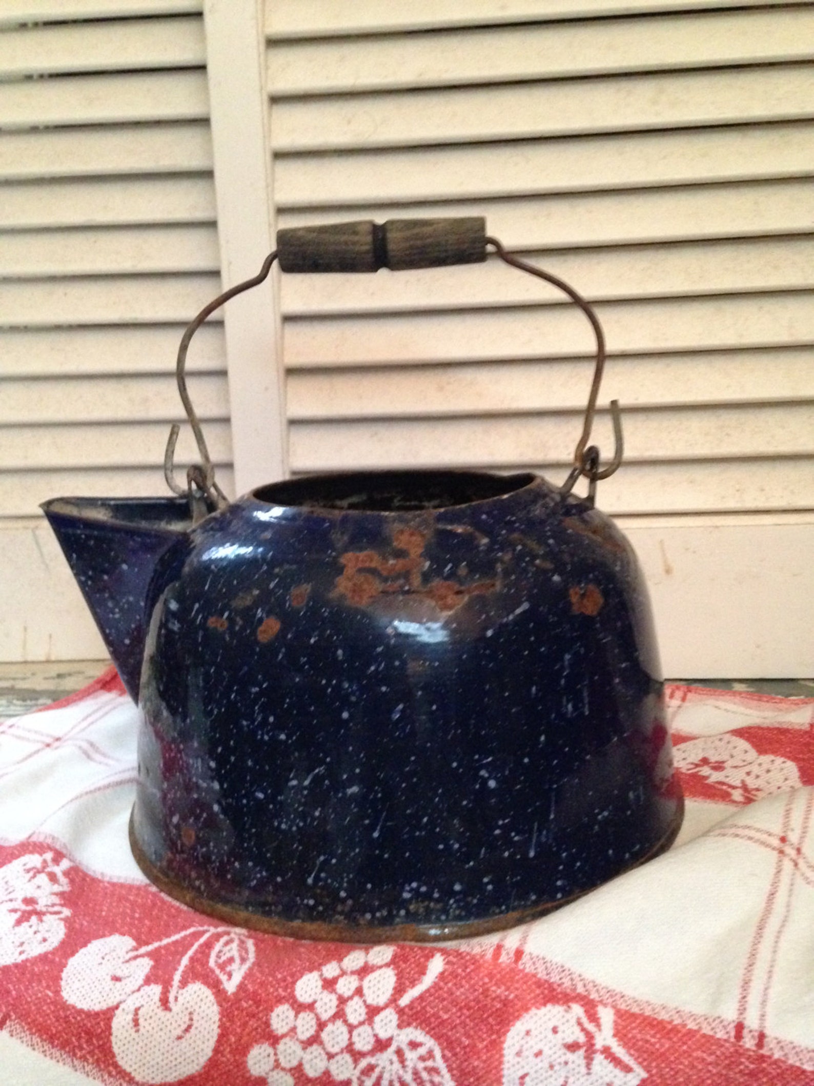 Dark Blue Enamel Kettle With Wood Handle Rusty Primitive | Etsy