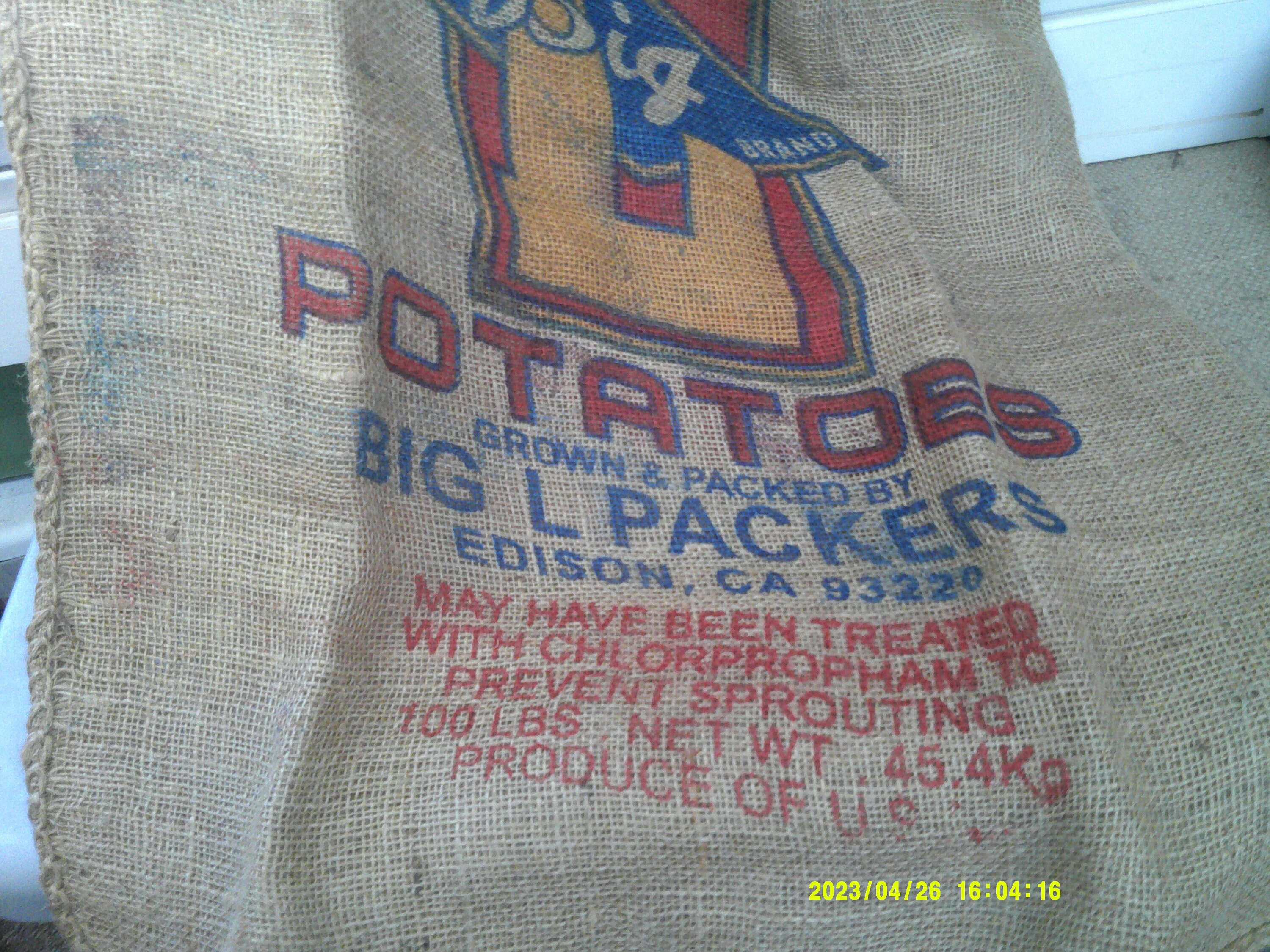 Burlap Potato Sack, Red, Blue and Orange Lettering, 100 Lb. Bag ...