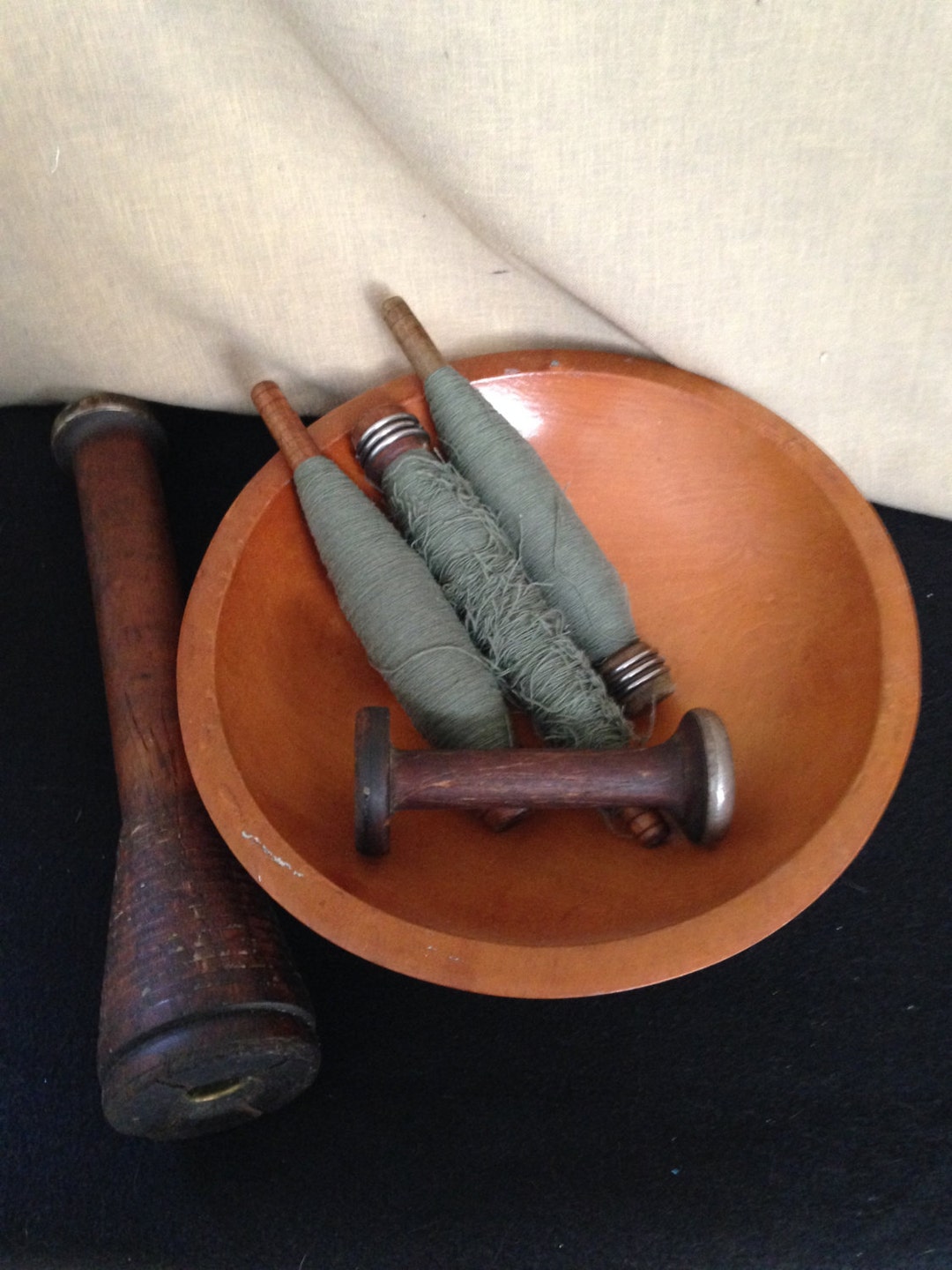 Collection of Old Factory Spools and Munising Wooden Bowl 5 Piece ...