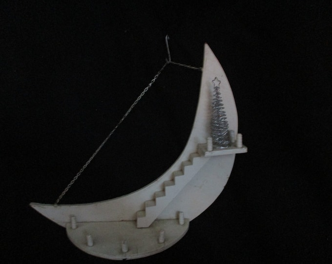 1940's Crescent Moon, Tramp Art, White Plywood Stairway. Wall Hanging ...